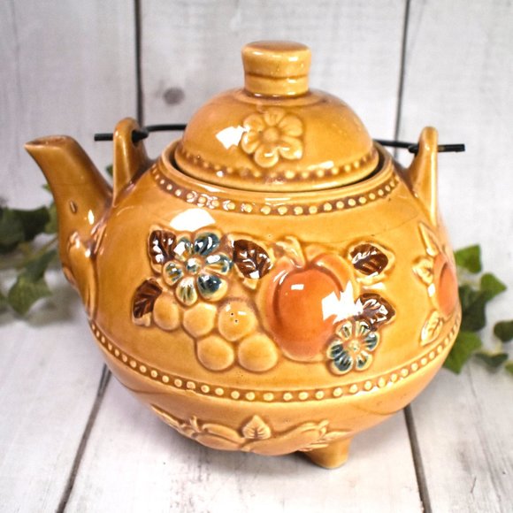Kitchen | Vintage Footed Teapot With Fall Harvest Fruit Theme Mustard ...